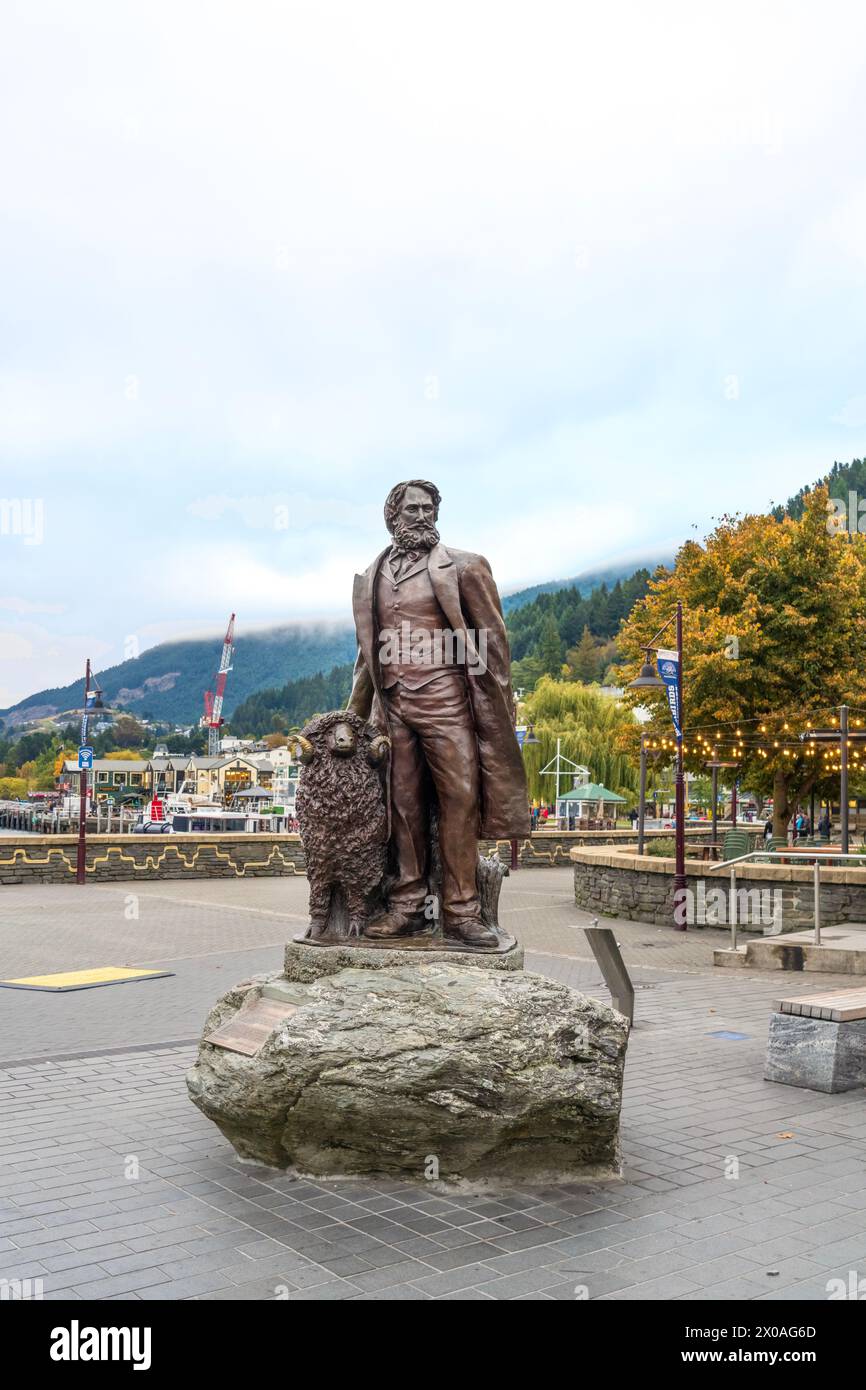 Queenstown, New Zealand- 3 April, 2024: The bronze statue of Queenstown ...