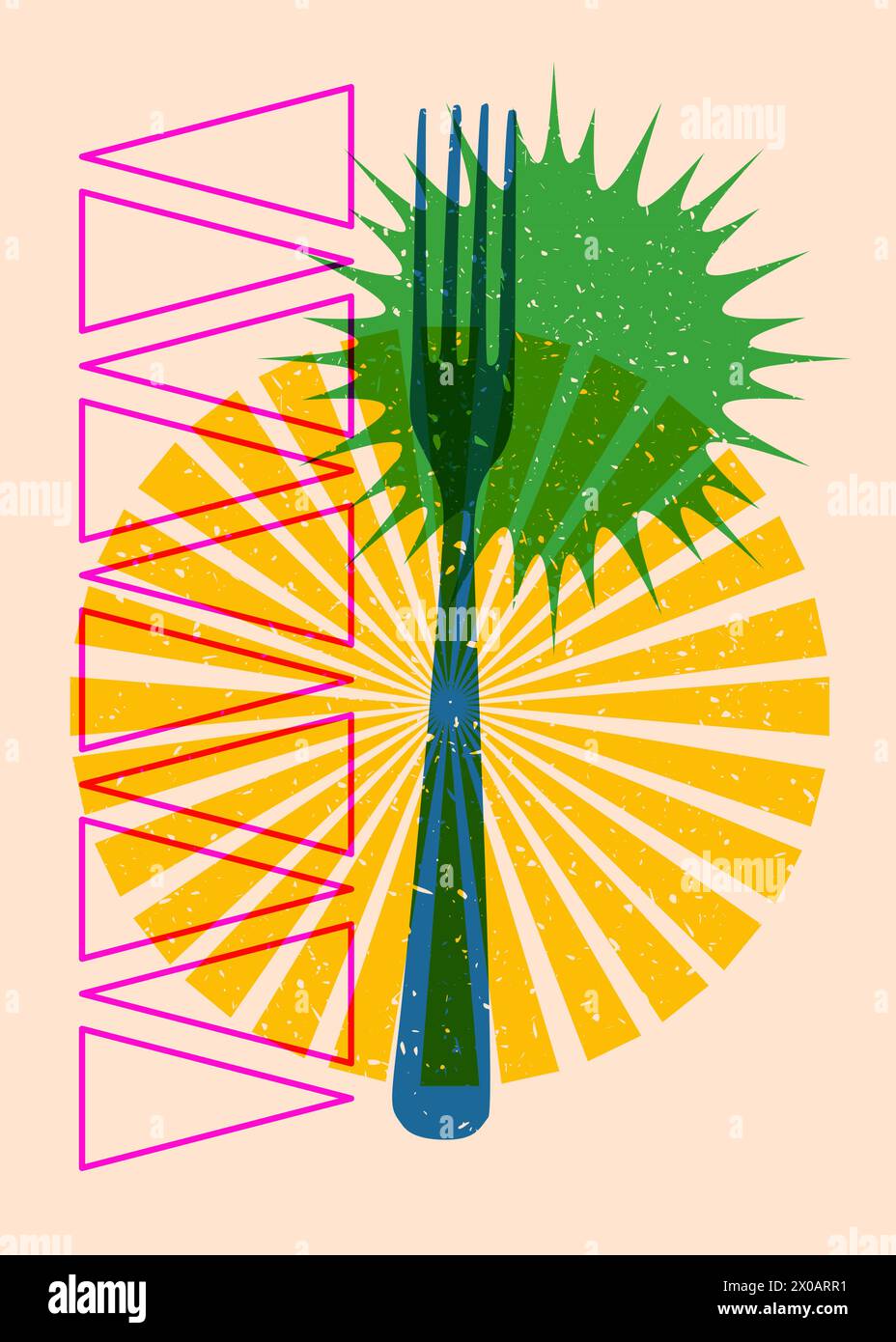 Risograph fork with geometric shapes. Objects in trendy riso graph ...