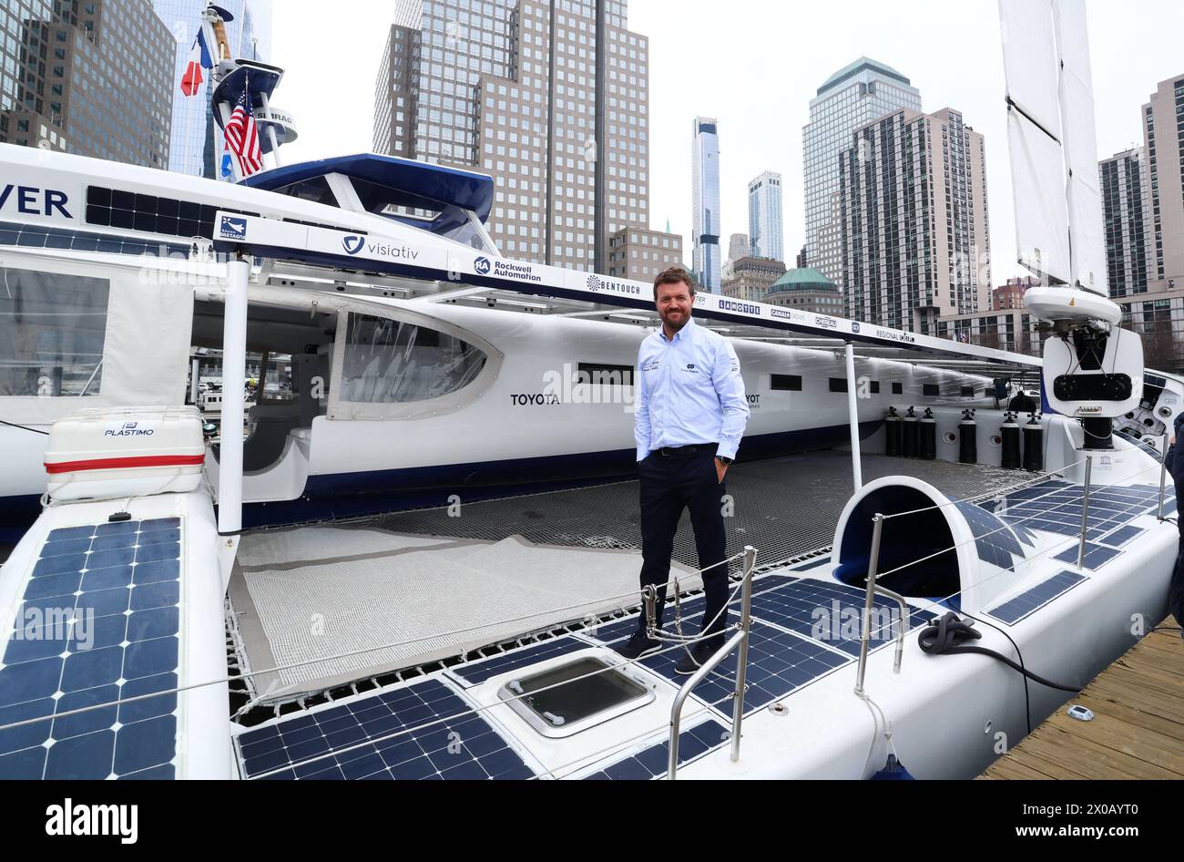 Captain and founder Victorien Erussard poses on The Energy Observer is ...