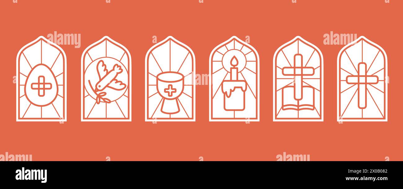 Church stained windows with religious Easter symbols. Christian mosaic ...