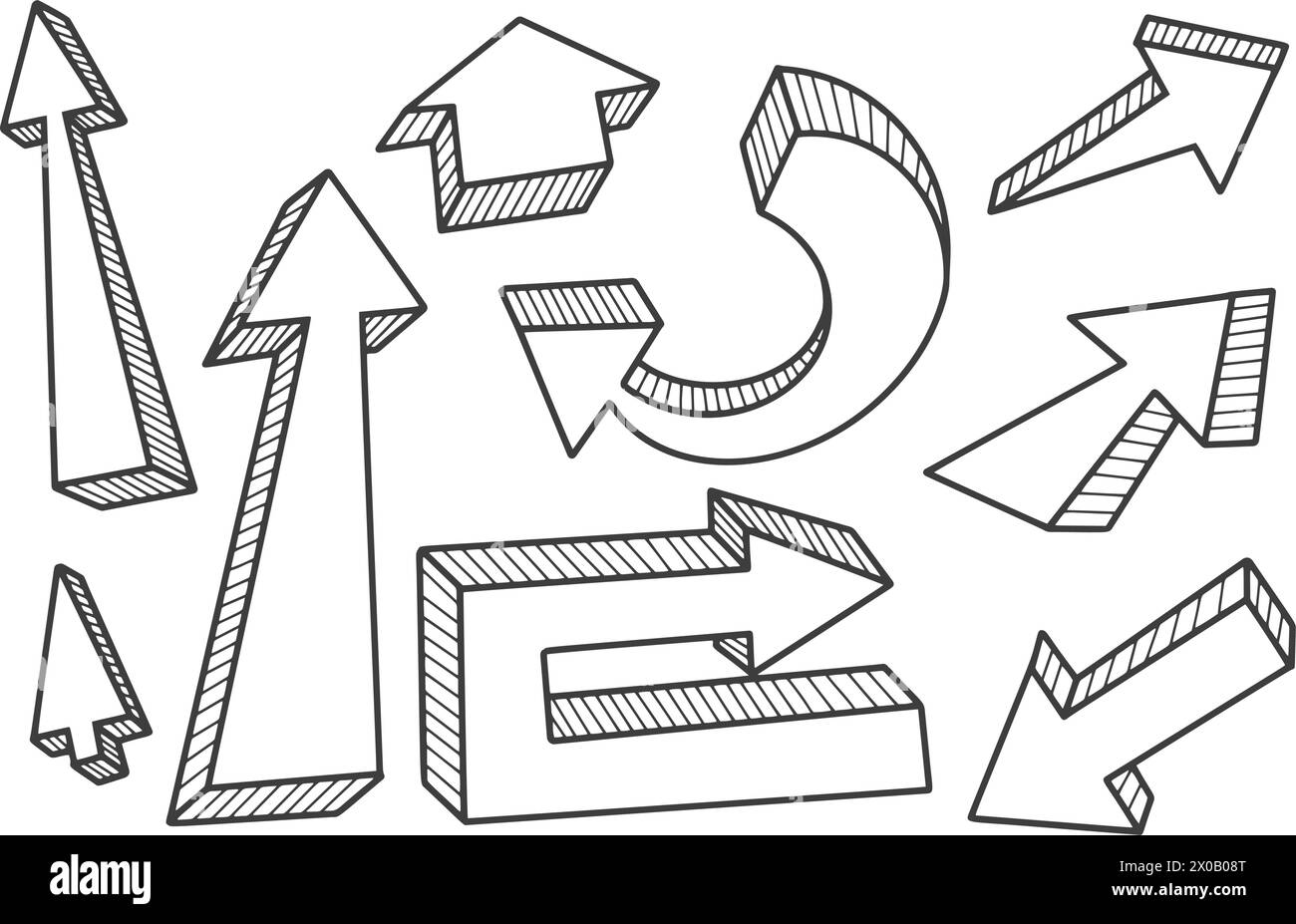 Hand drawn vector doodle arrows set. Pencil line sketch on white background. Curve design ...