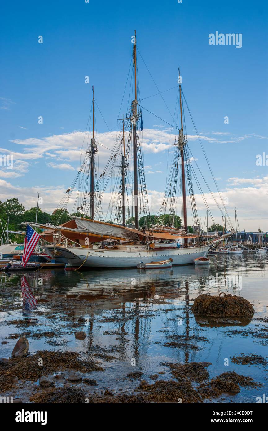 Majestic tall ship with an American flag. The Mary Day sailing schooner ...