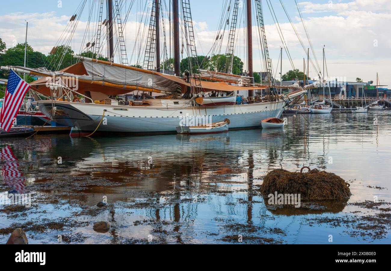 Majestic tall ship with an American flag. The Mary Day sailing schooner ...