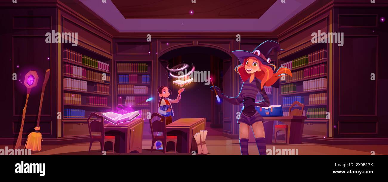 Magic library with wizard and witch students, flying glowing books and ...