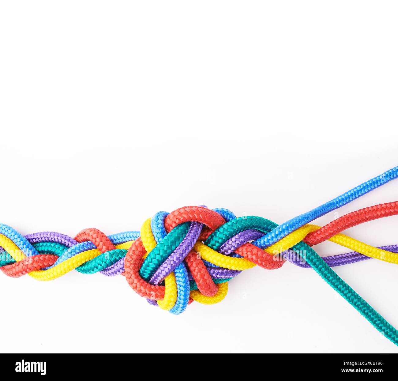 Rope, ties and unity of color in knot or braid on white background in ...