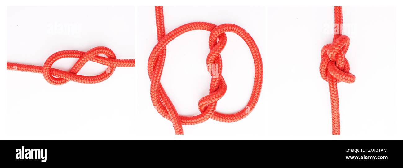Tools, steps or how to tie knot on white background in studio for security or safety instruction ...