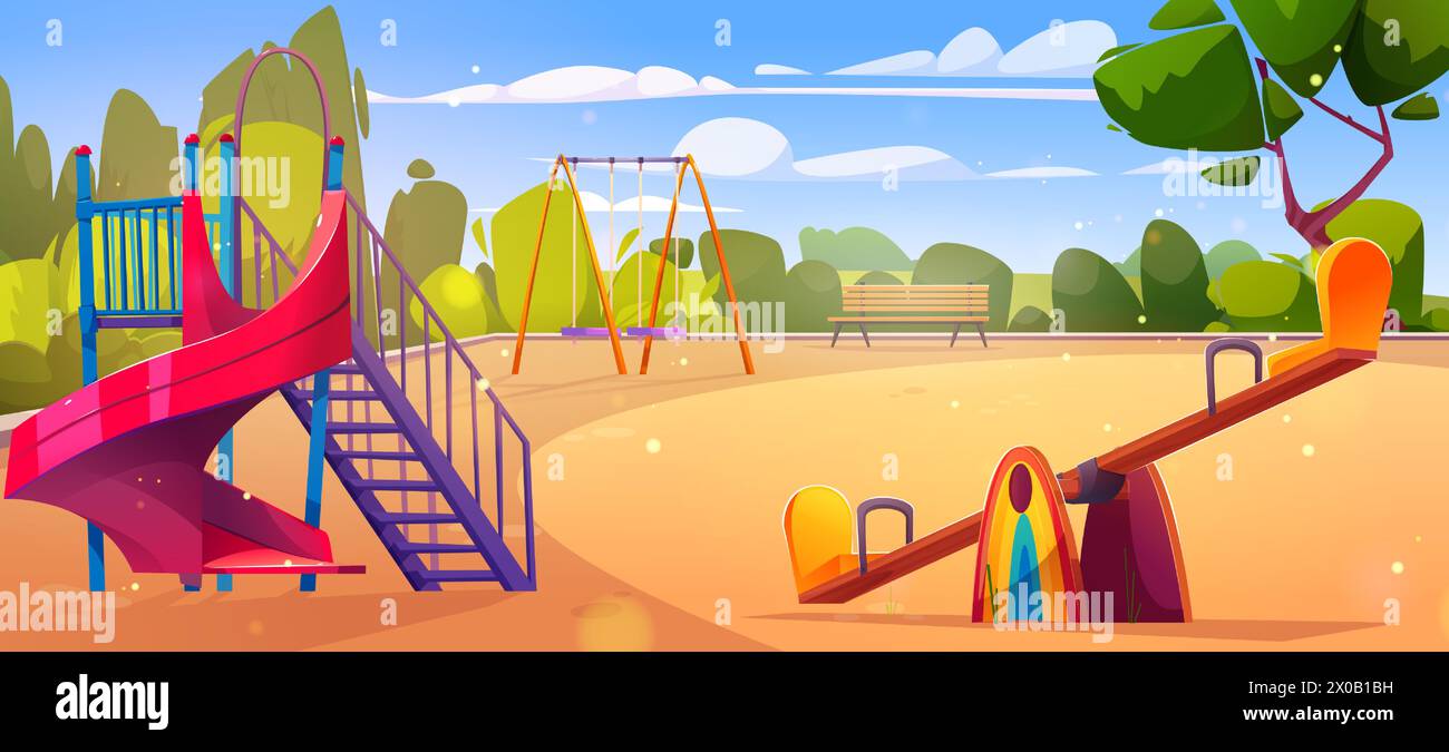 Children playground in morning summer park. Vector cartoon illustration ...