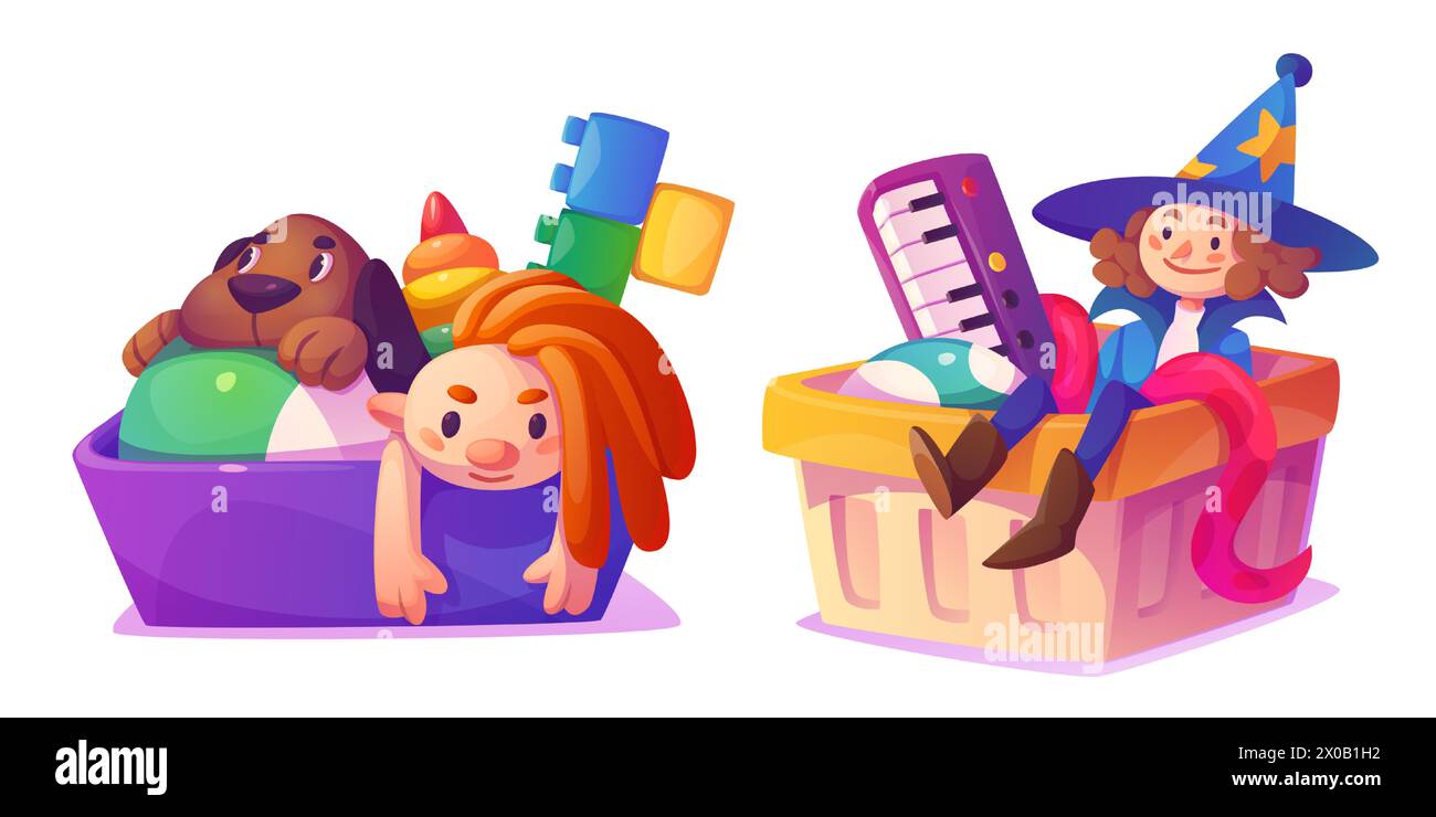 Kid toy box. Baby play ball cartoon illustration. Isolated child doll ...