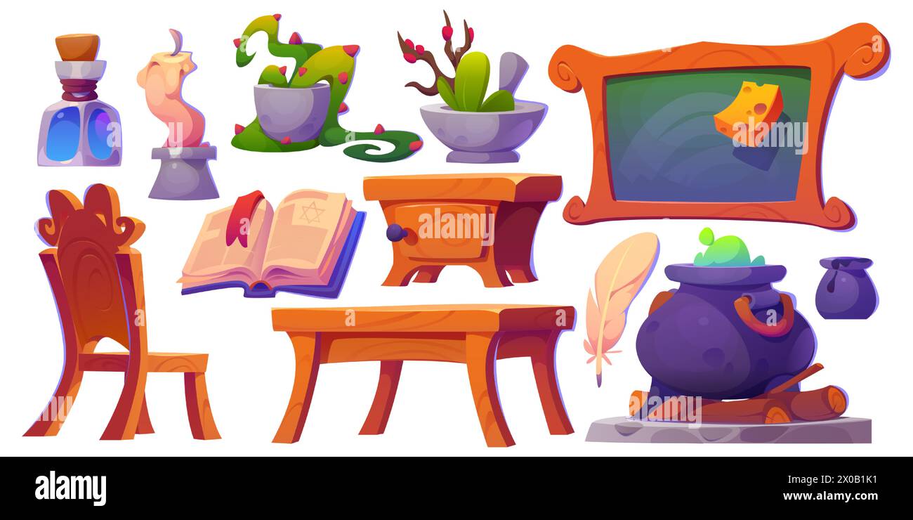 Wizard magic school room with witch book, potion cartoon vector set ...