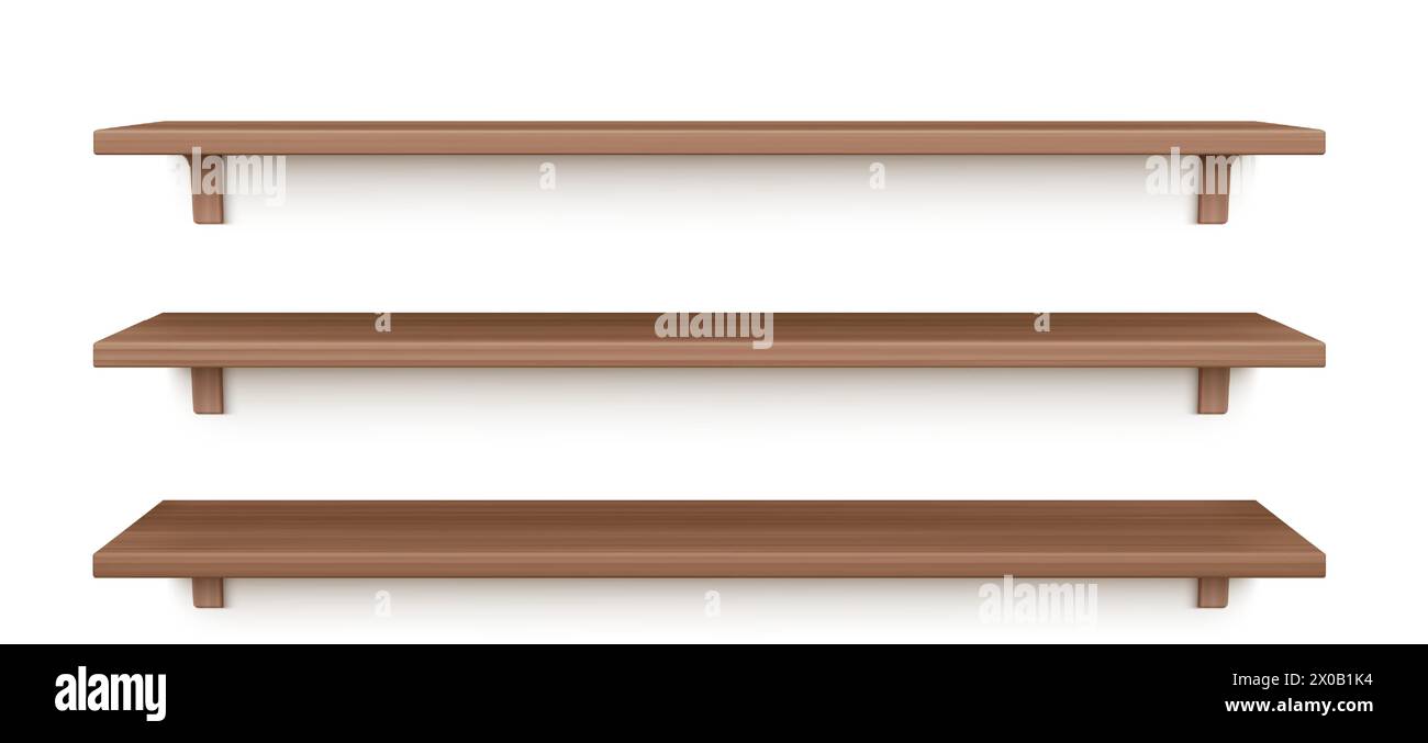 3D wooden shelves set isolated on white background. Vector realistic ...