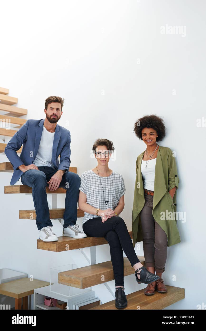 Corporate staff, smile and portrait on office staircase for career ...