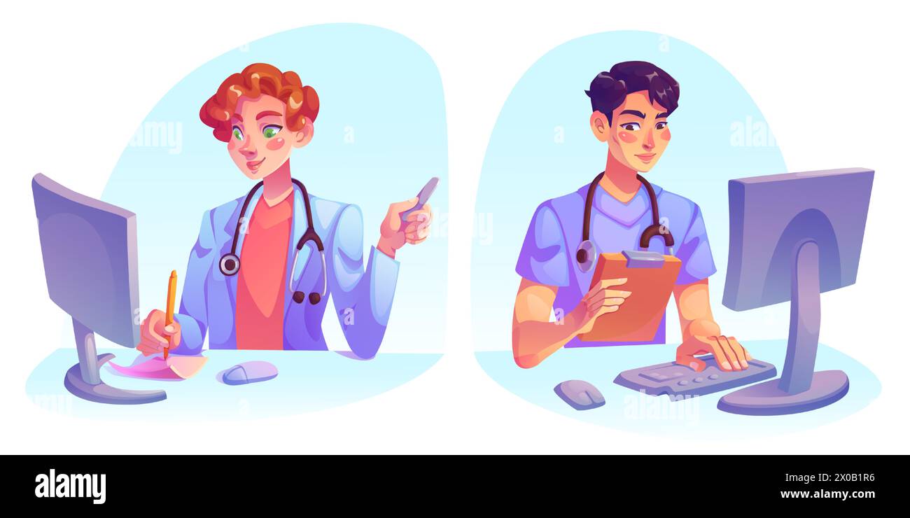 Doctors working on computer in hospital. Vector cartoon illustration of ...
