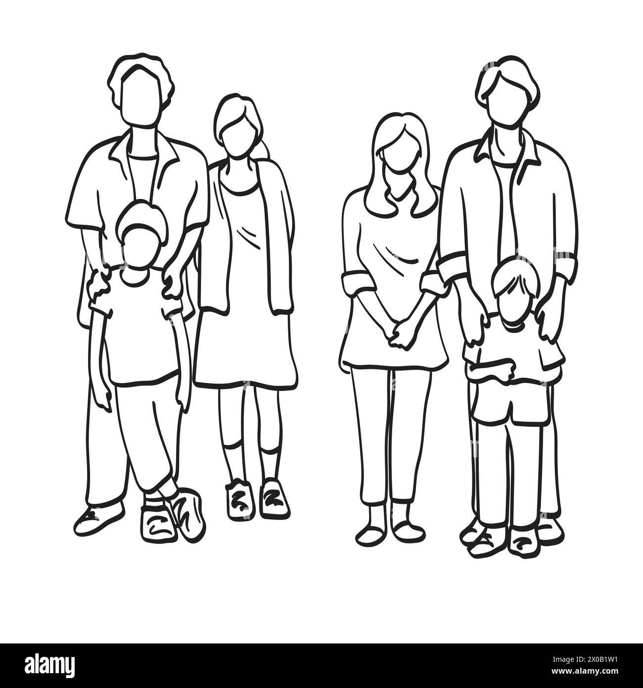 two family with father mother and son standing together illustration ...