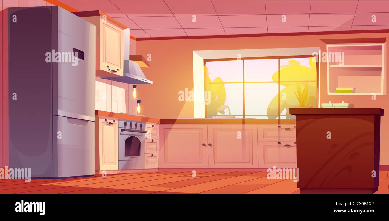 Home kitchen room interior cartoon illustration. Modern house design ...
