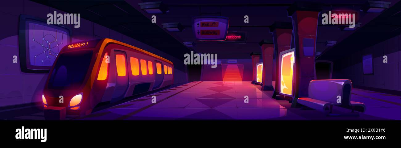 Metro station and train on rail platform at night. Underground subway ...