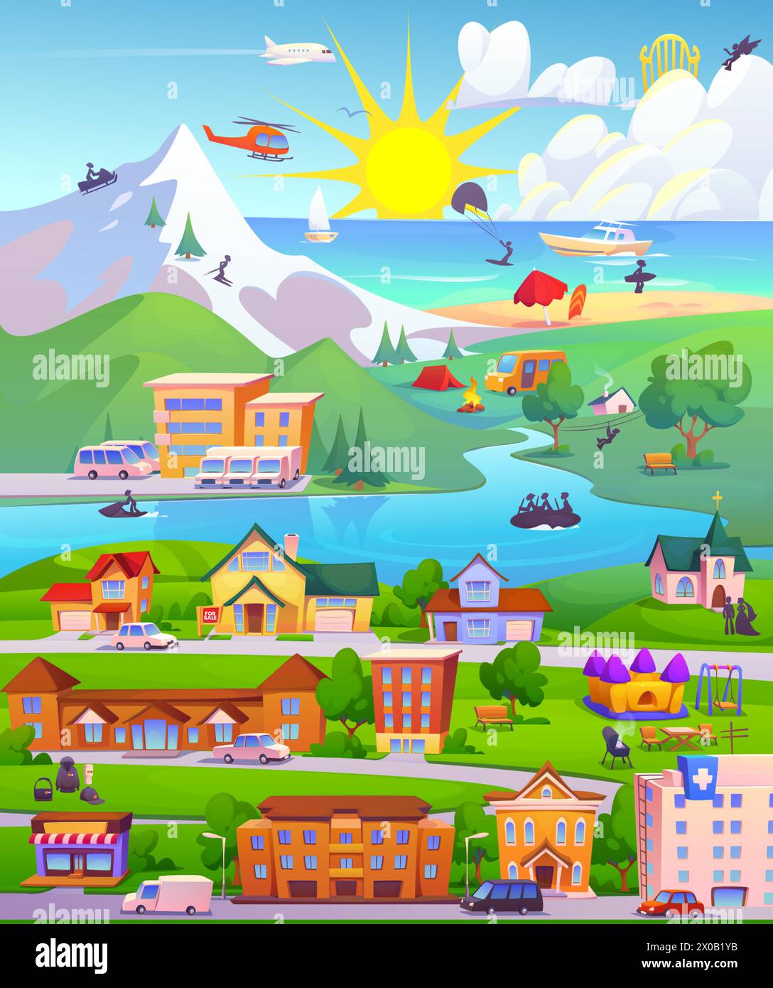 Mountain city map with street road, building and car. Town plan with ... Mountain city map with street road, building and car. Town plan with ...