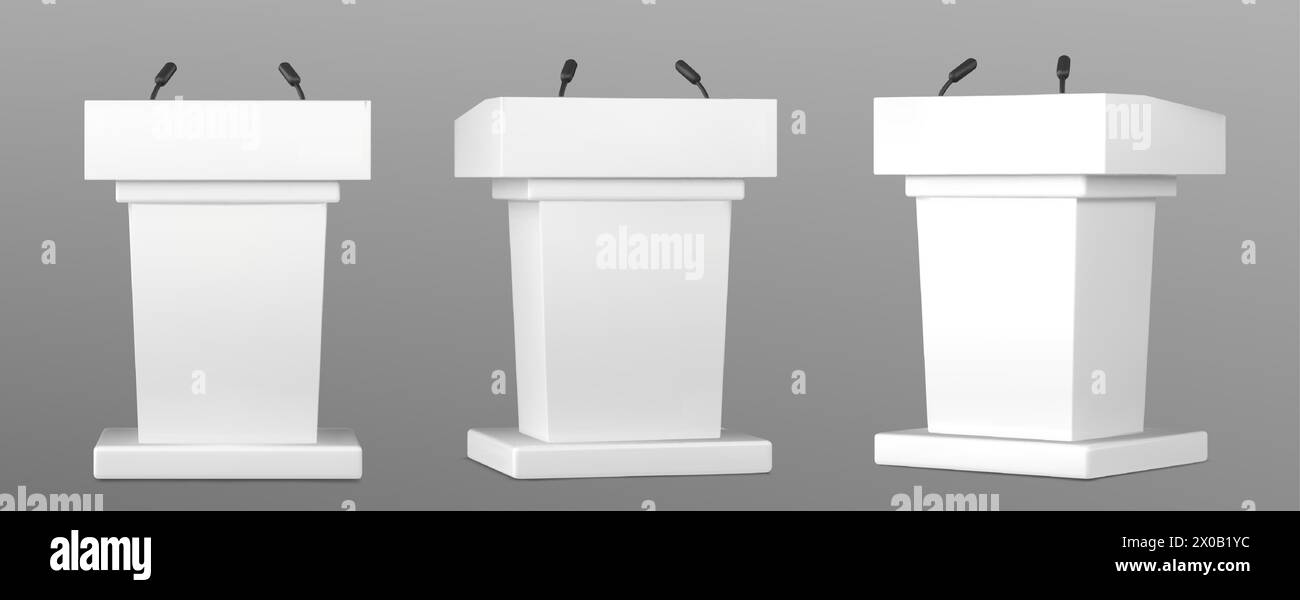 3d white pulpit speech podium with microphone. Rostrum speaker stand ...