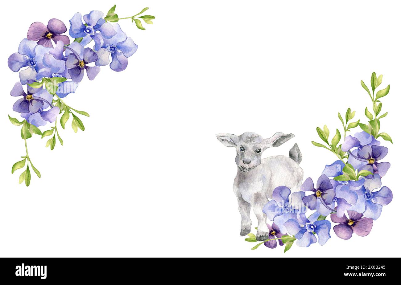Easter watercolor floral banner with lamb isolated on white. Baby sheep ...