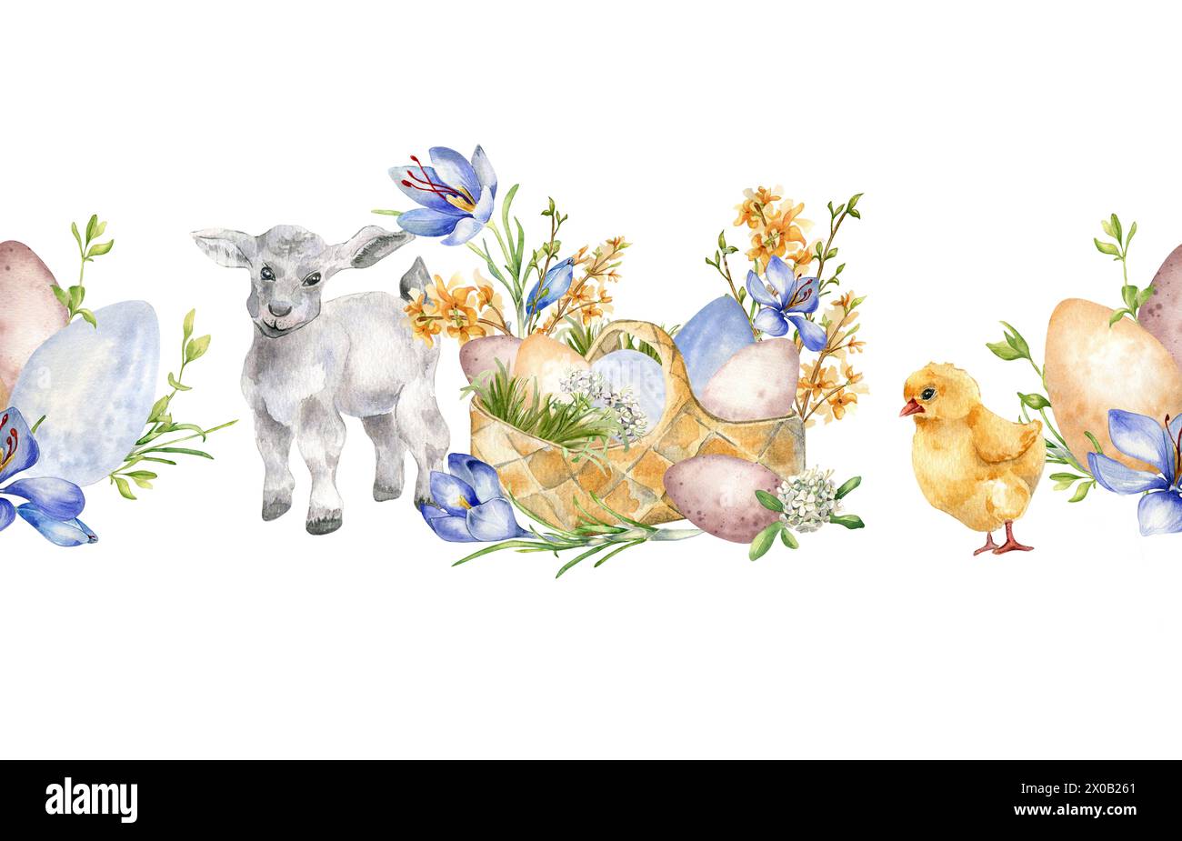 Easter floral seamless border with lamb and chick. Watercolor Easter ...