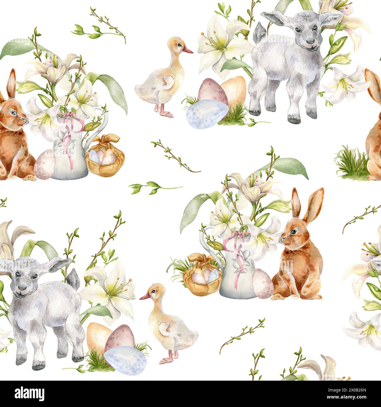 Easter bunny and white flowers seamless pattern isolated on white ...