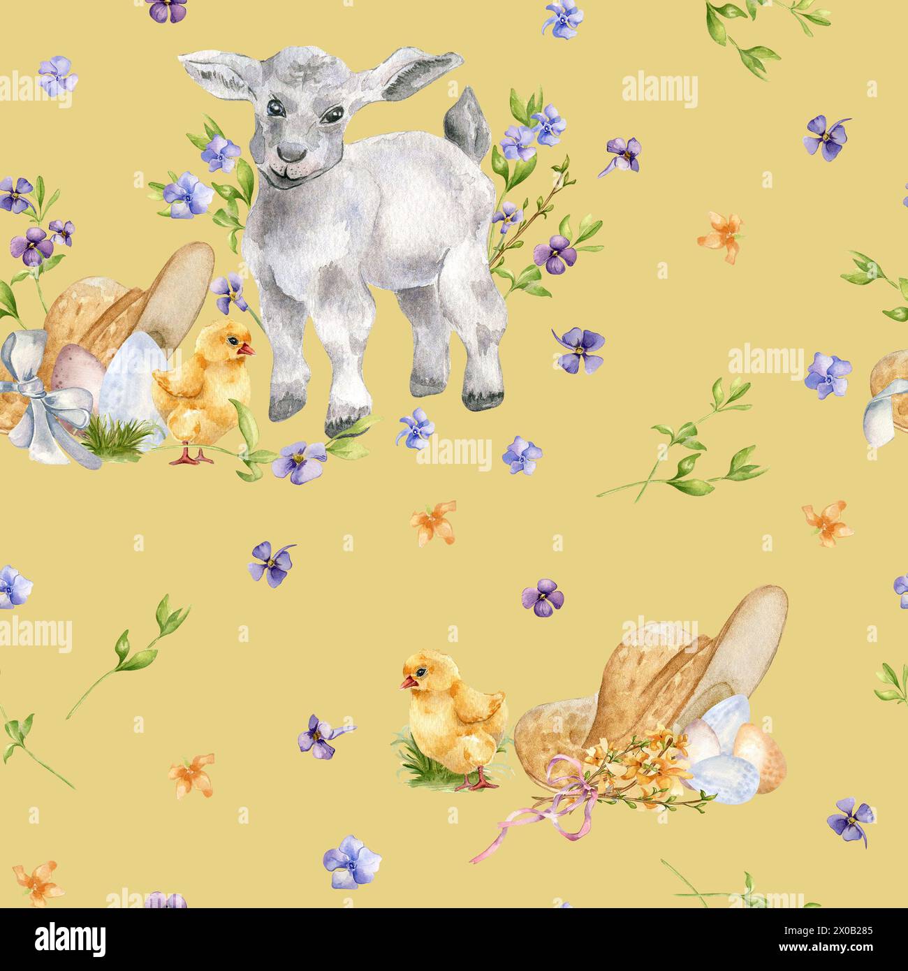 Watercolor floral seamless pattern with Easter lamb and eggs isolated ...