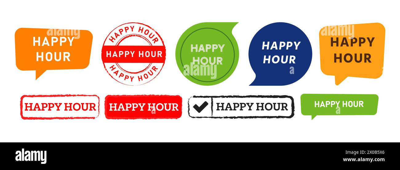happy hour rectangle circle stamp and speech bubble label sticker sign ...
