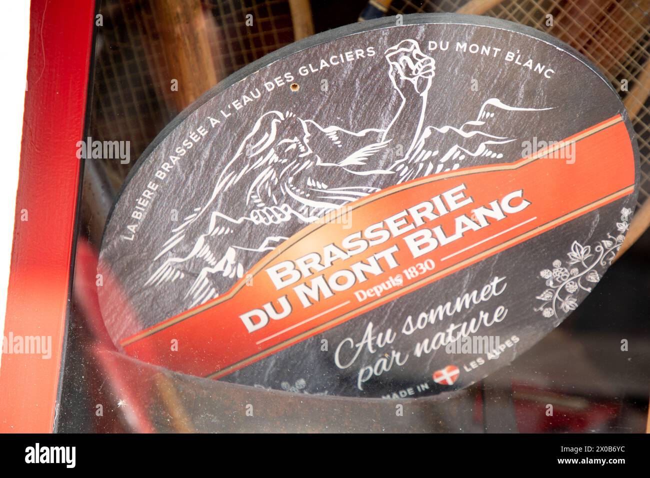 Chamonix , France - 04 09 2024 : brasserie du mont-blanc beer pub logo ...