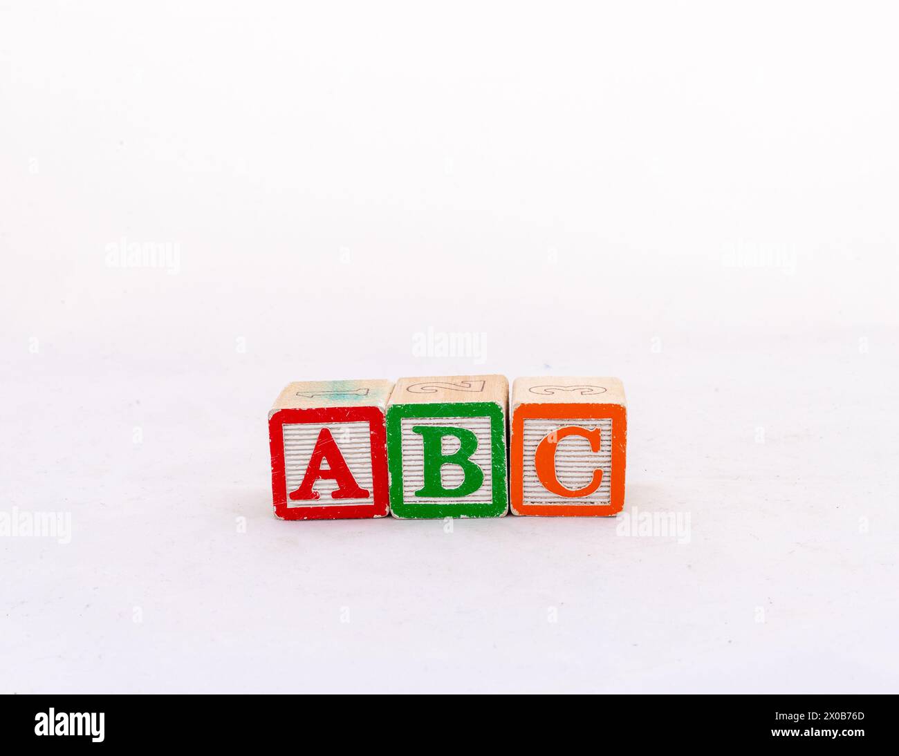 A, B and C wooden blocks isolated on white background with copy space ...