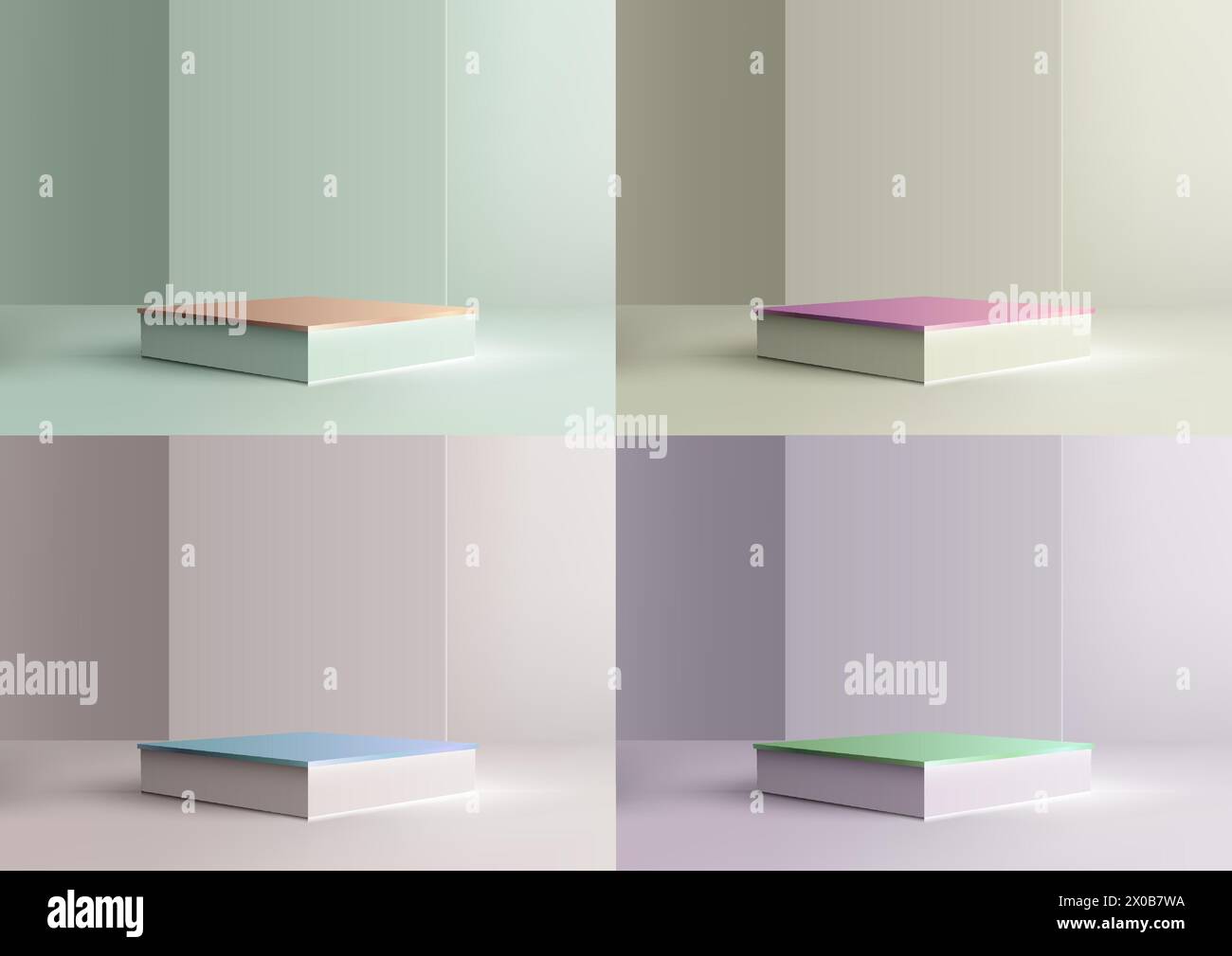 3D white box podium with colors top on white table against pastel wall ...