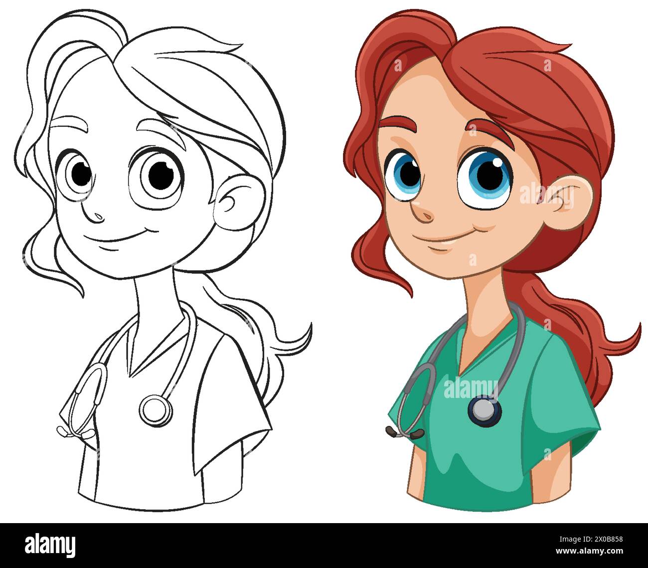 Colorful and line art illustrations of a female doctor Stock Vector ...