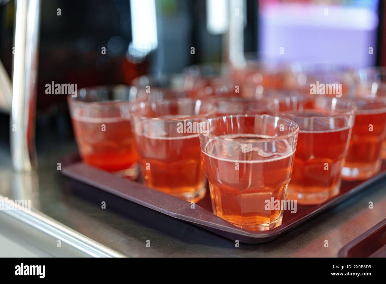 Colorful Array of Fruit Juice Cups on a Serving Cart in a Cafeteria ...