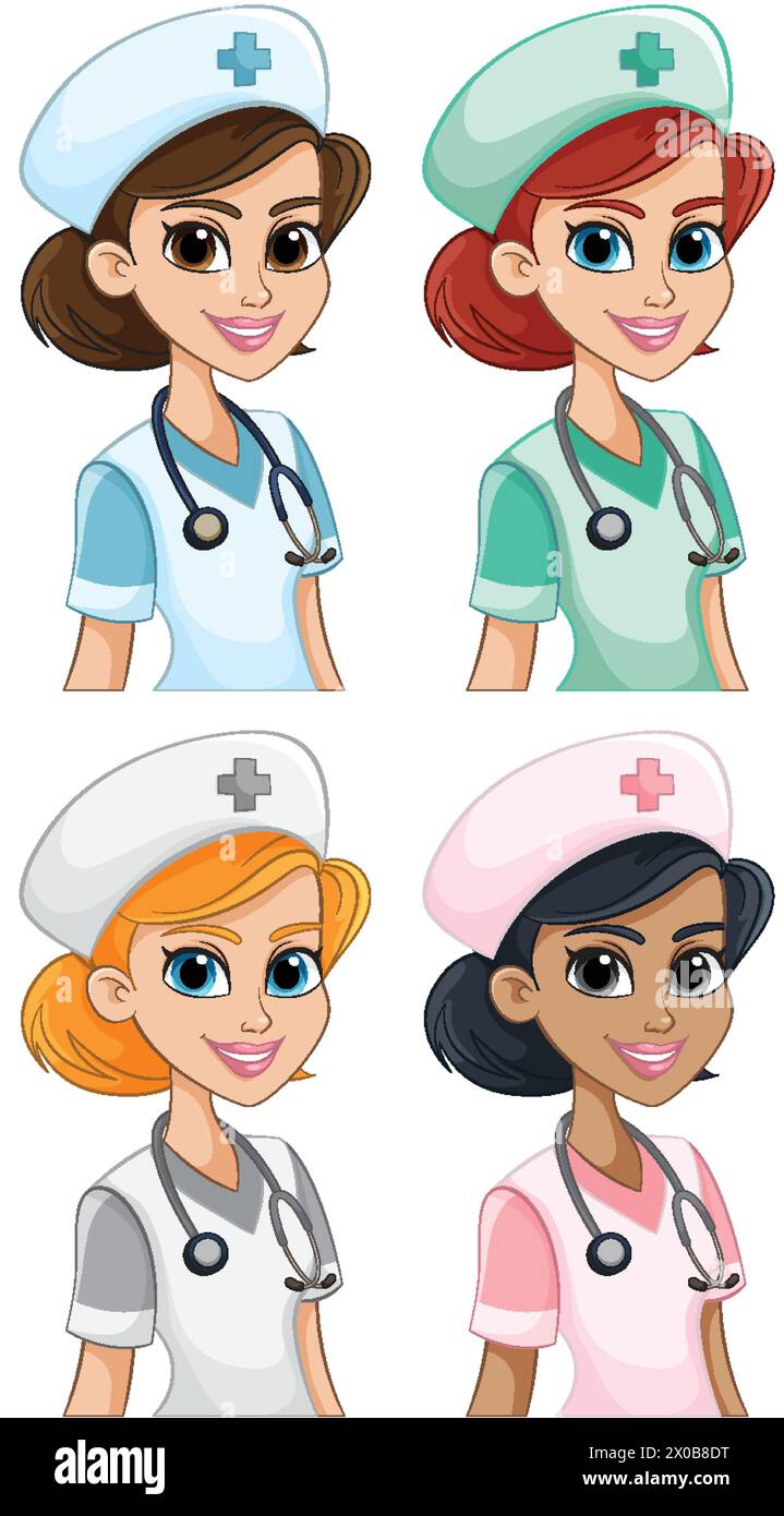 Four cartoon female nurses with different ethnicities Stock Vector ...