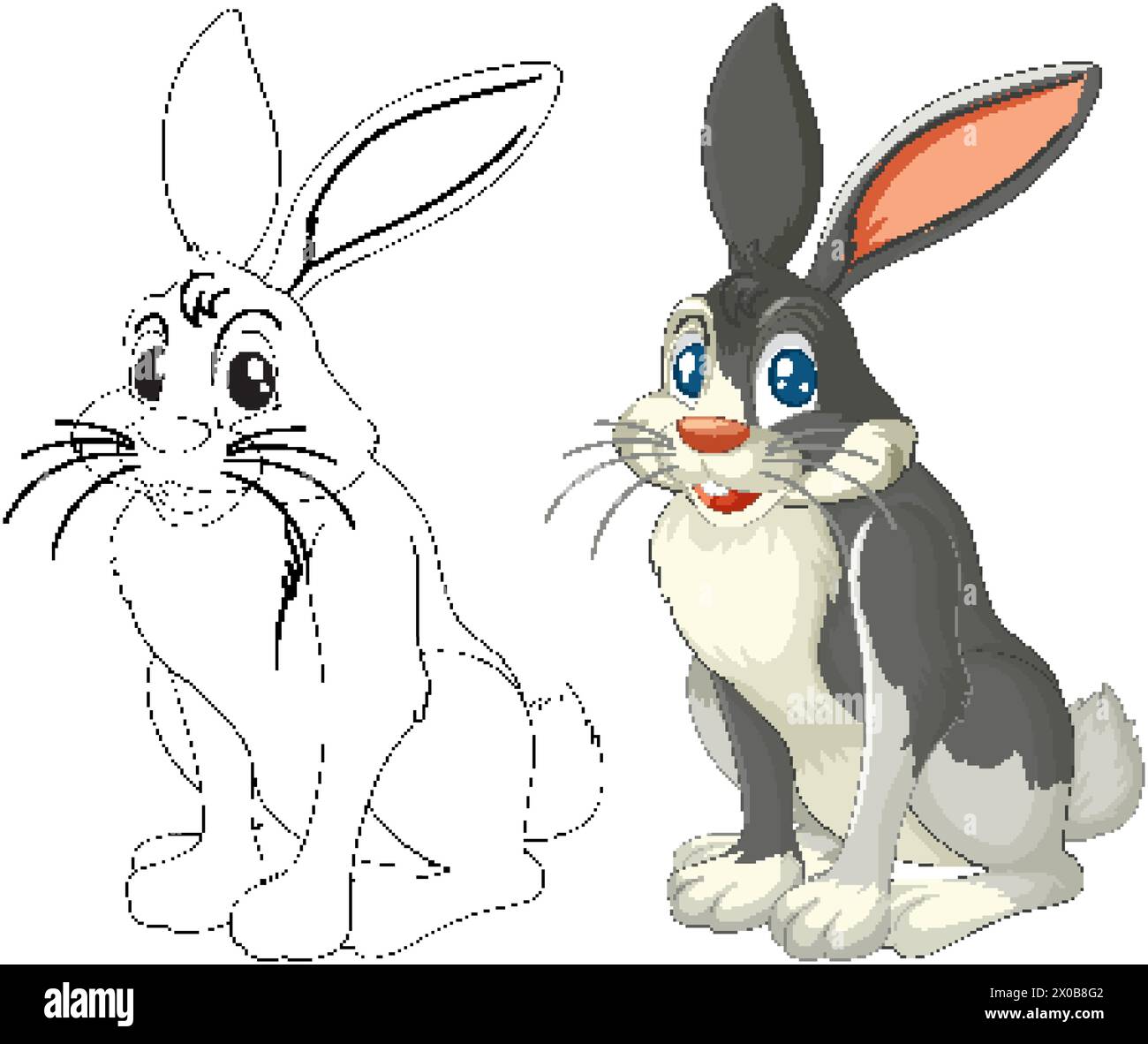 Two illustrated rabbits, one colored, one line art Stock Vector Image ...