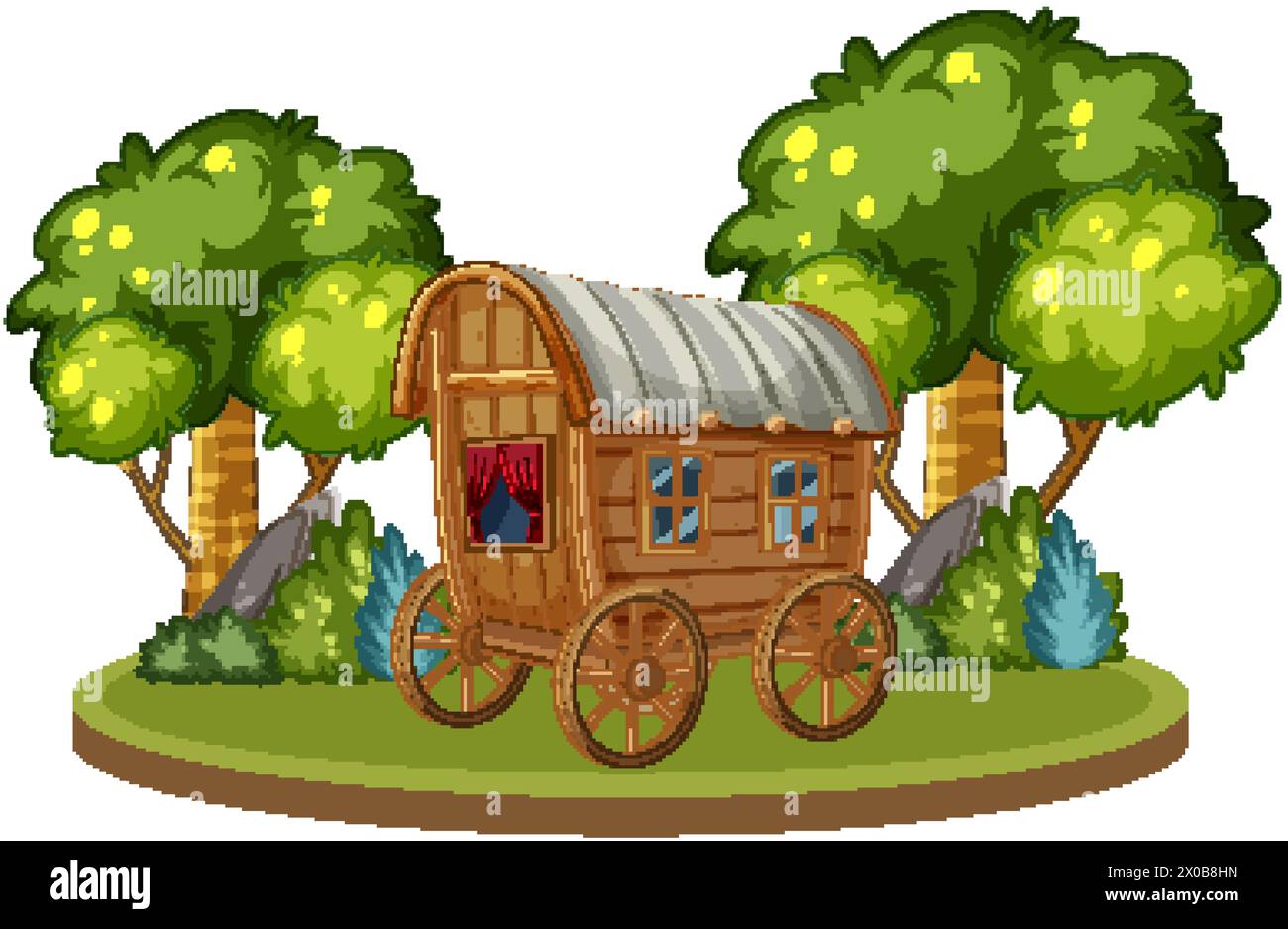 Cartoon wooden caravan among lush green trees Stock Vector Image & Art ...