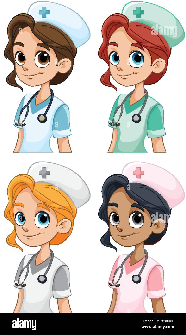 Four animated nurses with different ethnicities smiling Stock Vector ...