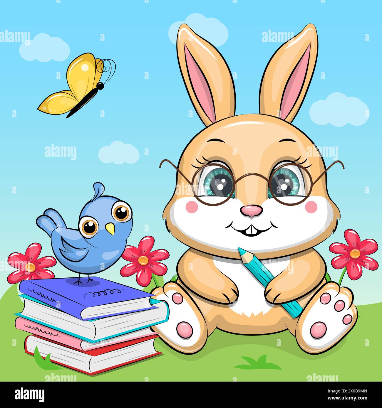 Cute cartoon bunny with books and pencil. School animal vector ...