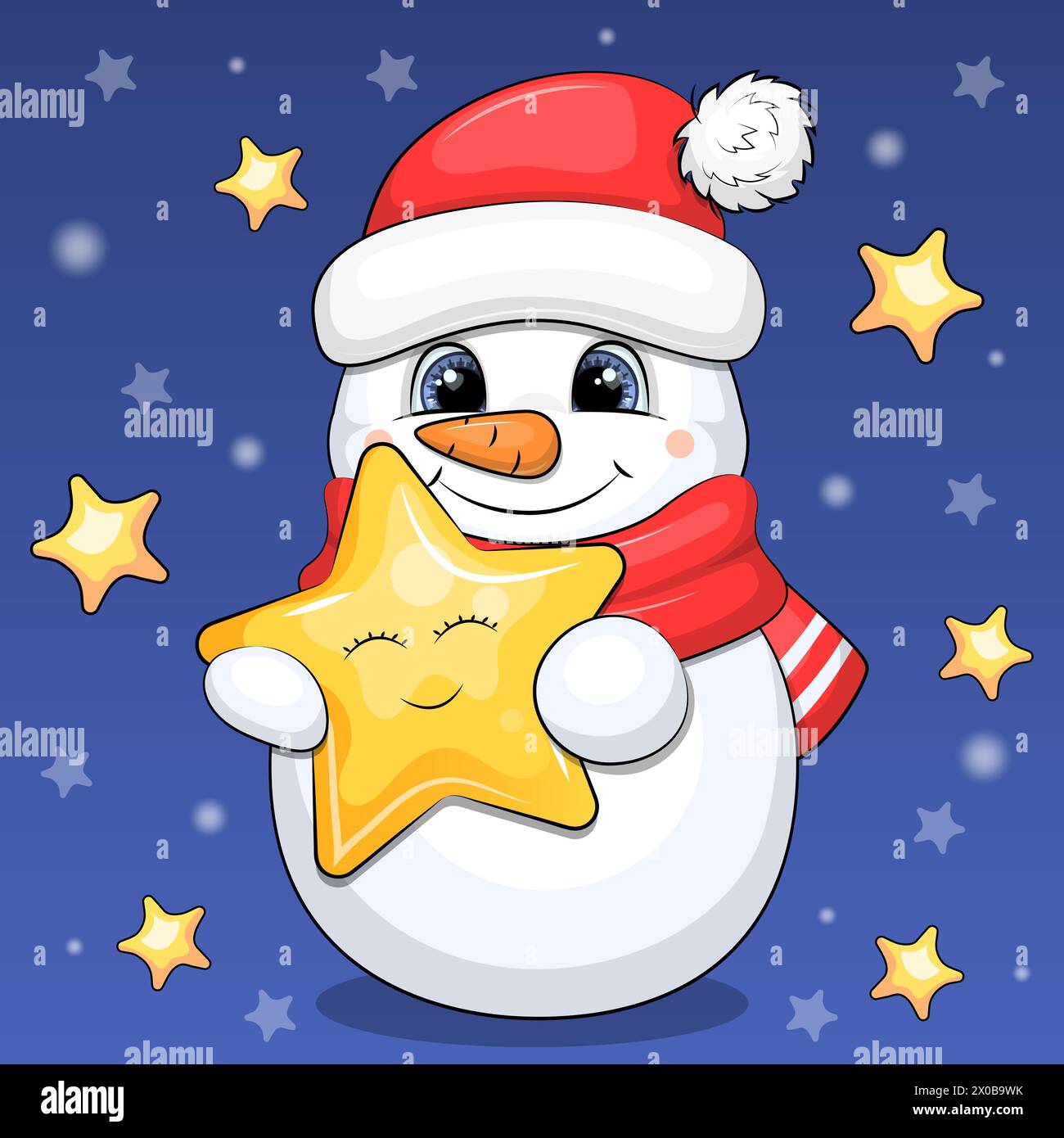 Cute cartoon snowman is holding a yellow star. Night vector ...