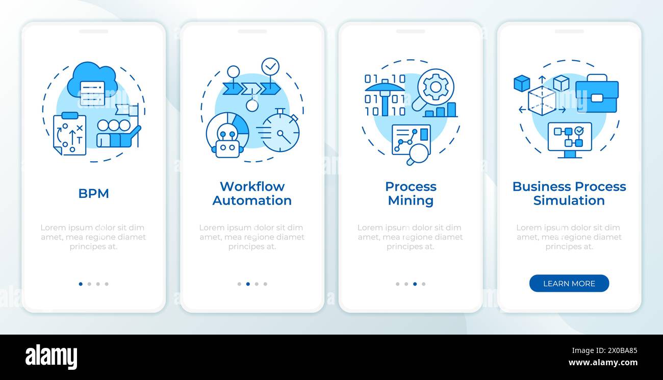 Business workflow automation blue onboarding mobile app screen Stock ...