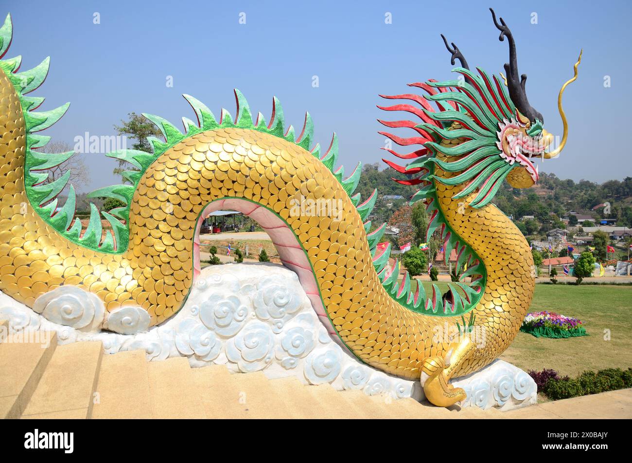 Sculpture ancient chinese dragon statue on stairs for thai people ...