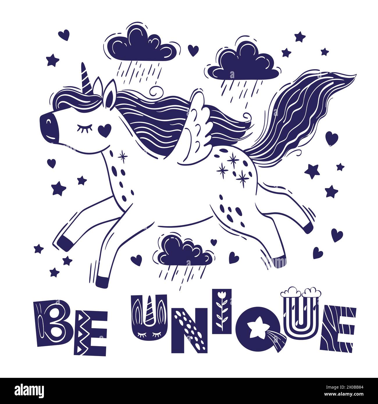 Cute little magical unicorn and inscription be unique. Vector hand ...