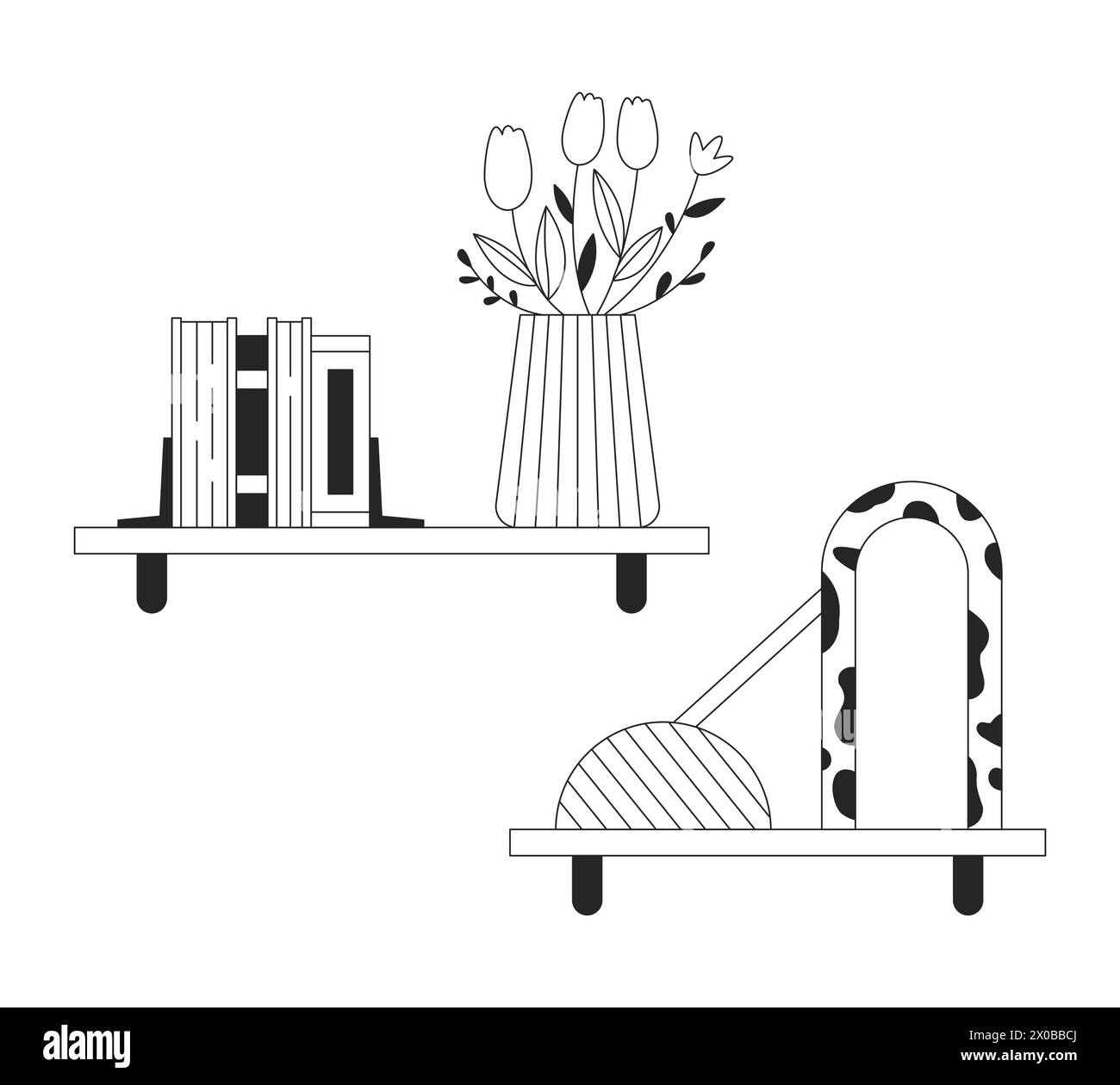 Books and decorative accessories on shelves black and white 2D line ...