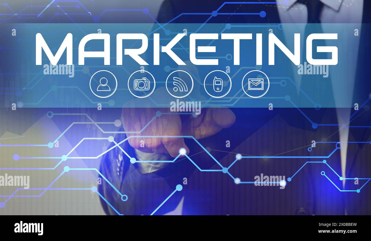 Marketing concept. Businessman touching scheme on digital screen ...