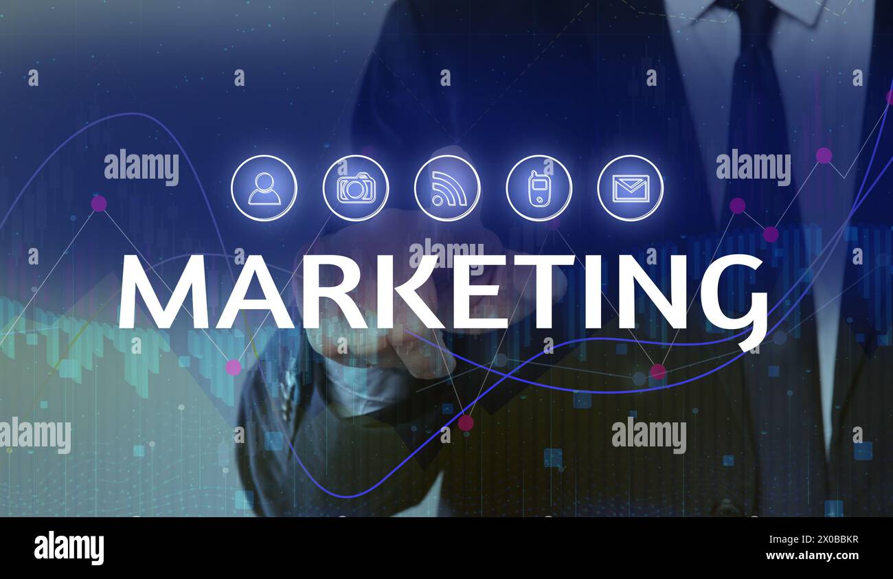 Marketing concept. Businessman touching icons on digital screen ...