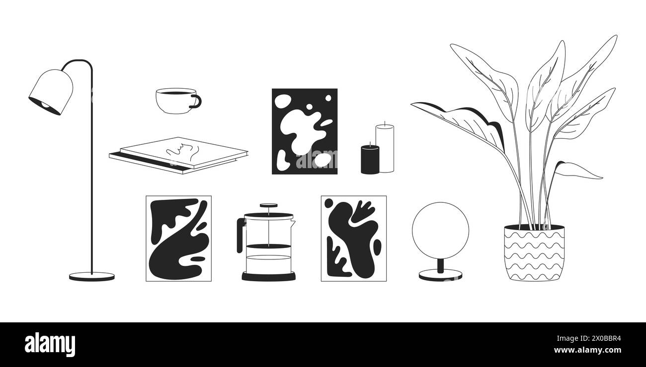 Supplies for home interior design black and white 2D line cartoon ...