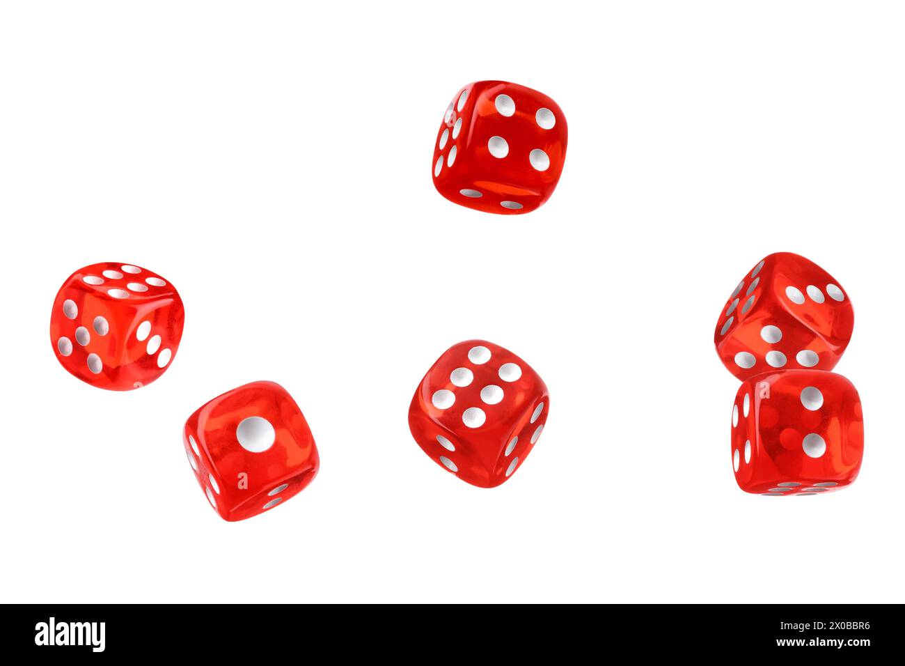 Six red dice in air on white background Stock Photo - Alamy