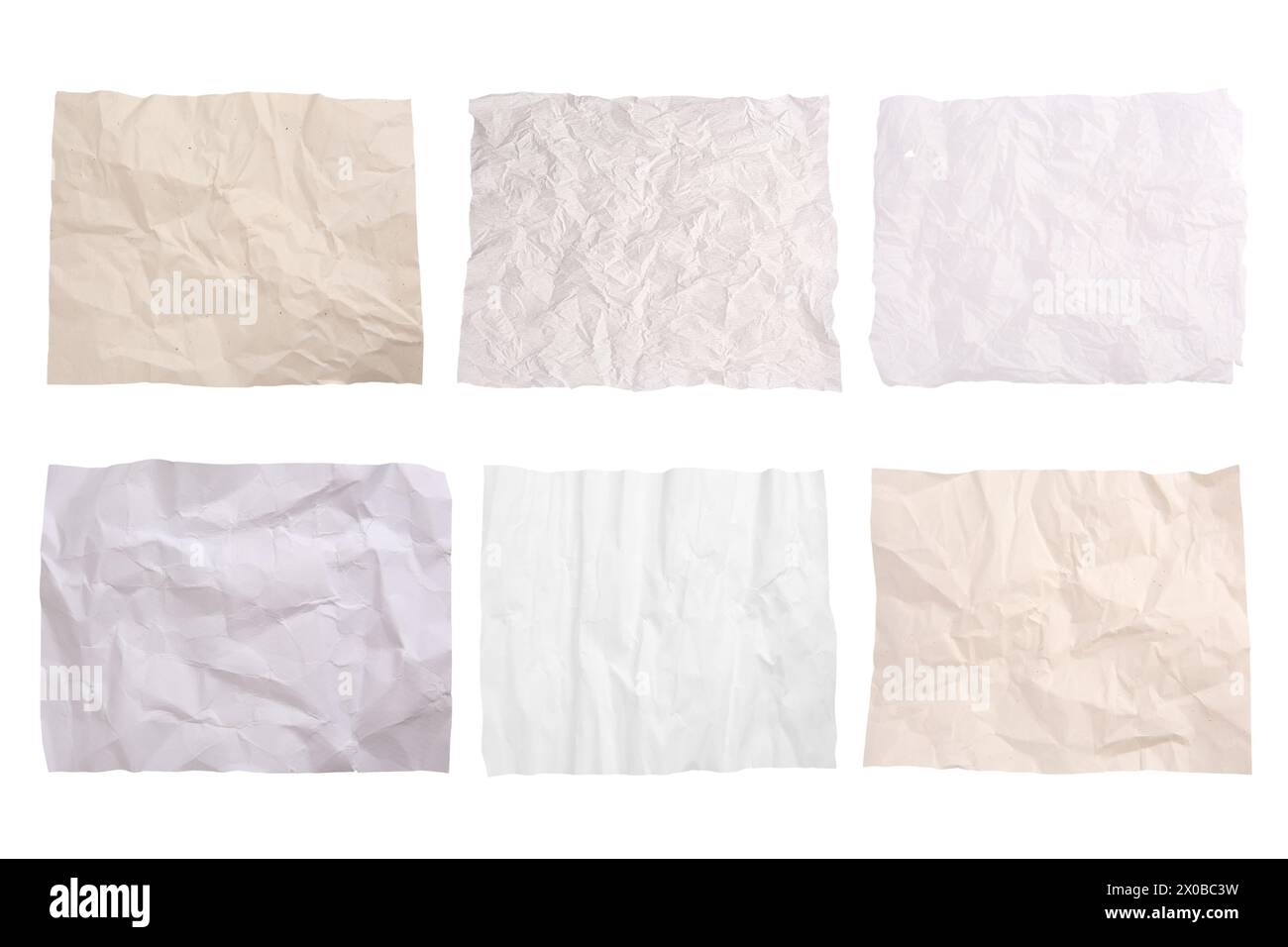 Set with sheets of crumpled parchment paper isolated on white, top view ...