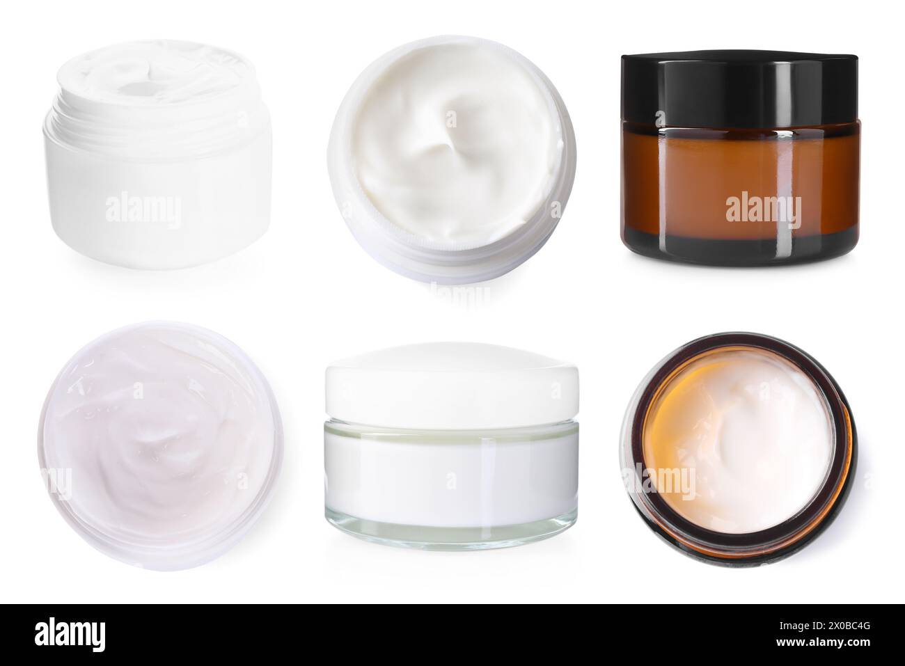 Set of jars with body cream isolated on white, top and side views. Skin ...