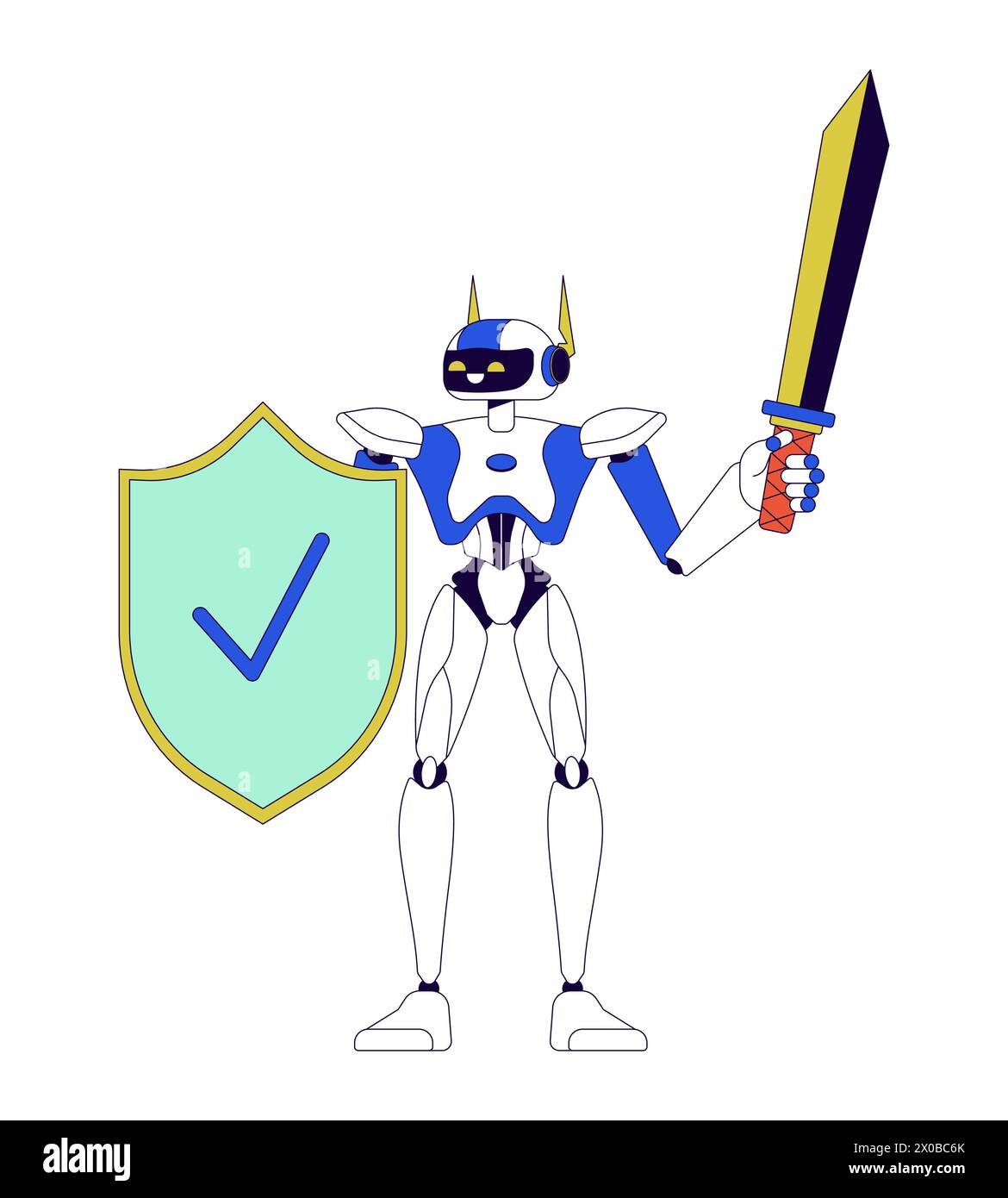Robot with shield and sword 2D linear cartoon character Stock Vector ...