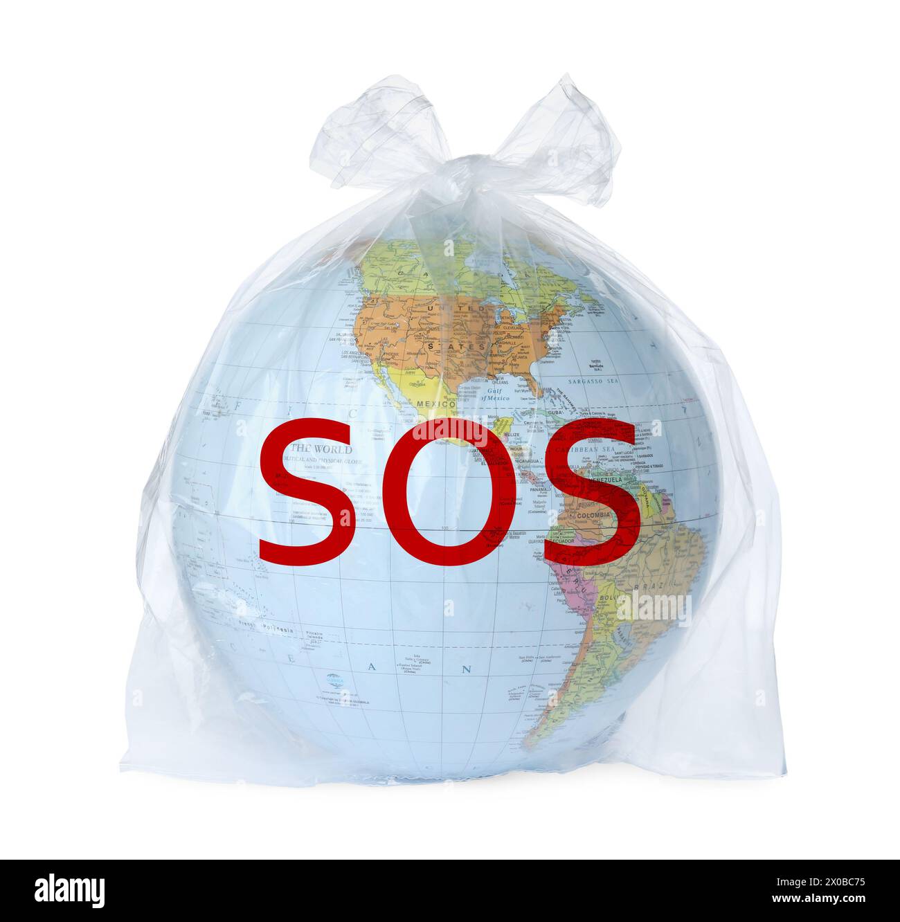Globe with word SOS in plastic bag isolated on white. Environmental ...