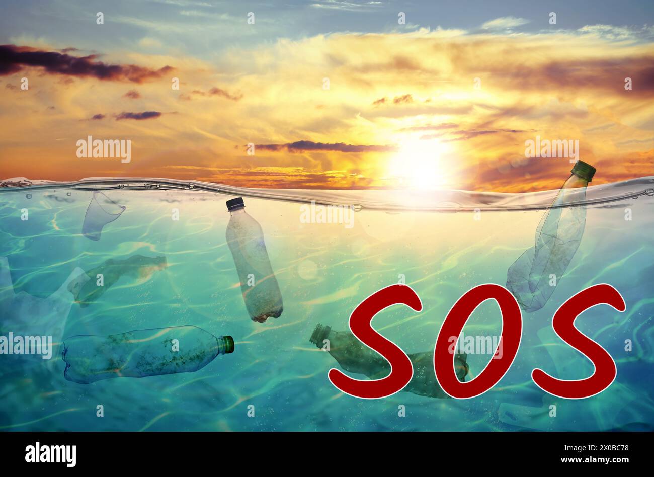 Word SOS and plastic garbage in ocean. Marine pollution Stock Photo - Alamy